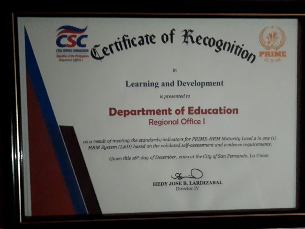 DepEd RO1 receives PRIME-HRM Maturity Level 2 certification | DepEd RO1